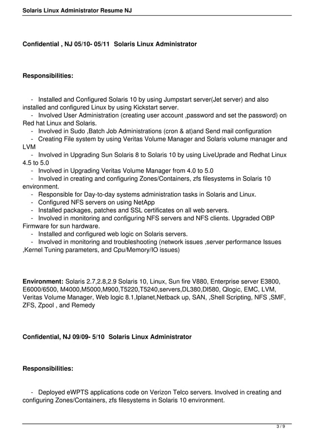 Solaris linux-administrator-resume-nj | PDF | Operating Systems ...