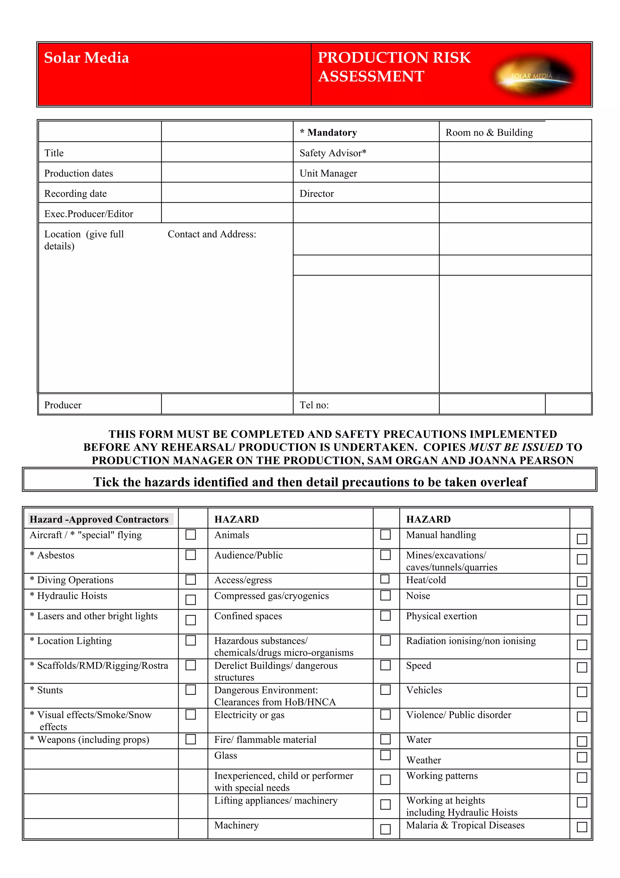 Solar Media Risk Assesment Form | PDF