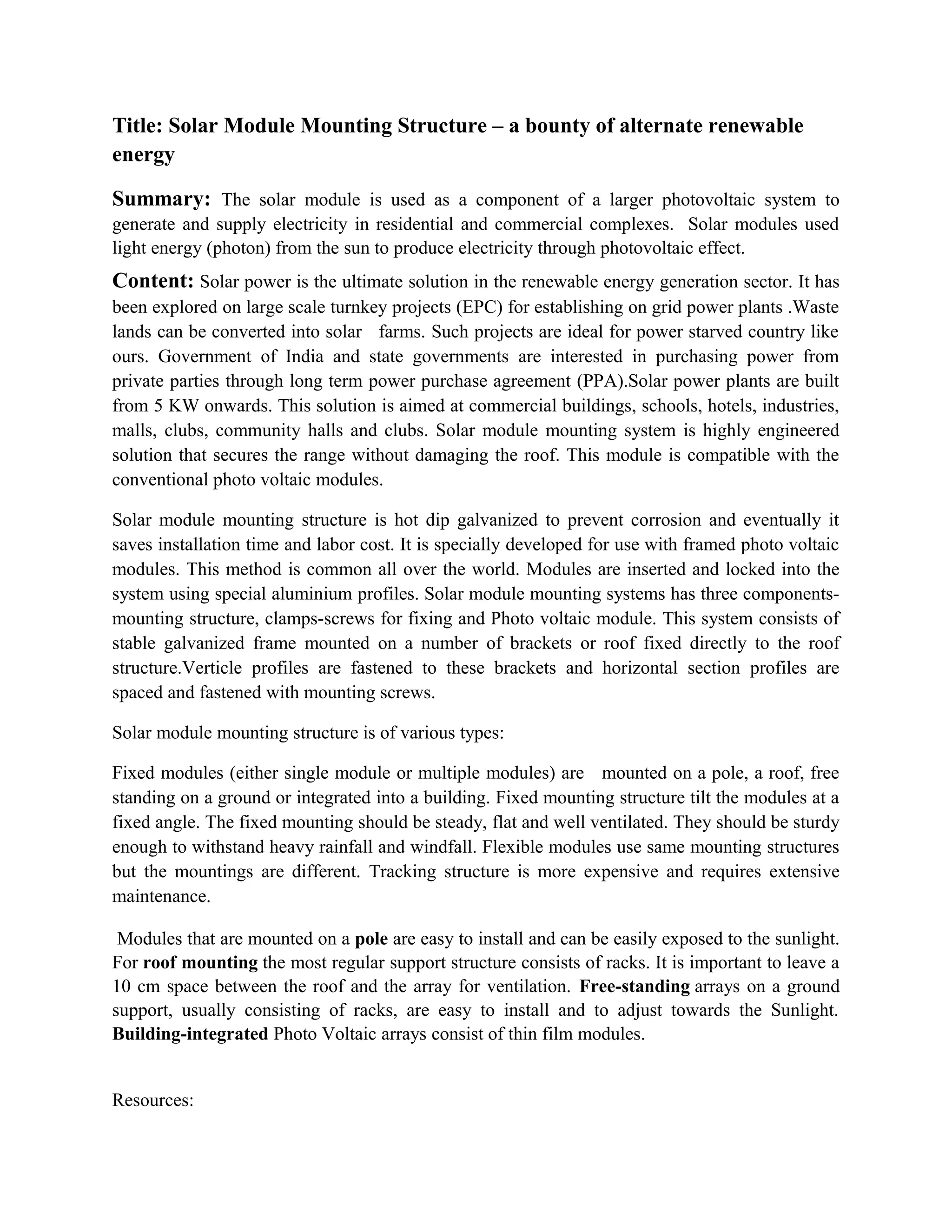 Solar module mounting structure Manufacturer | DOC | Power and Energy ...