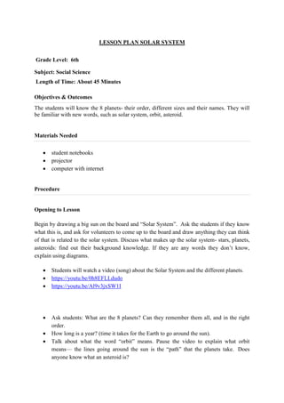 ICT based lesson plan, subject s.st, topic solar system, class 6th | DOCX