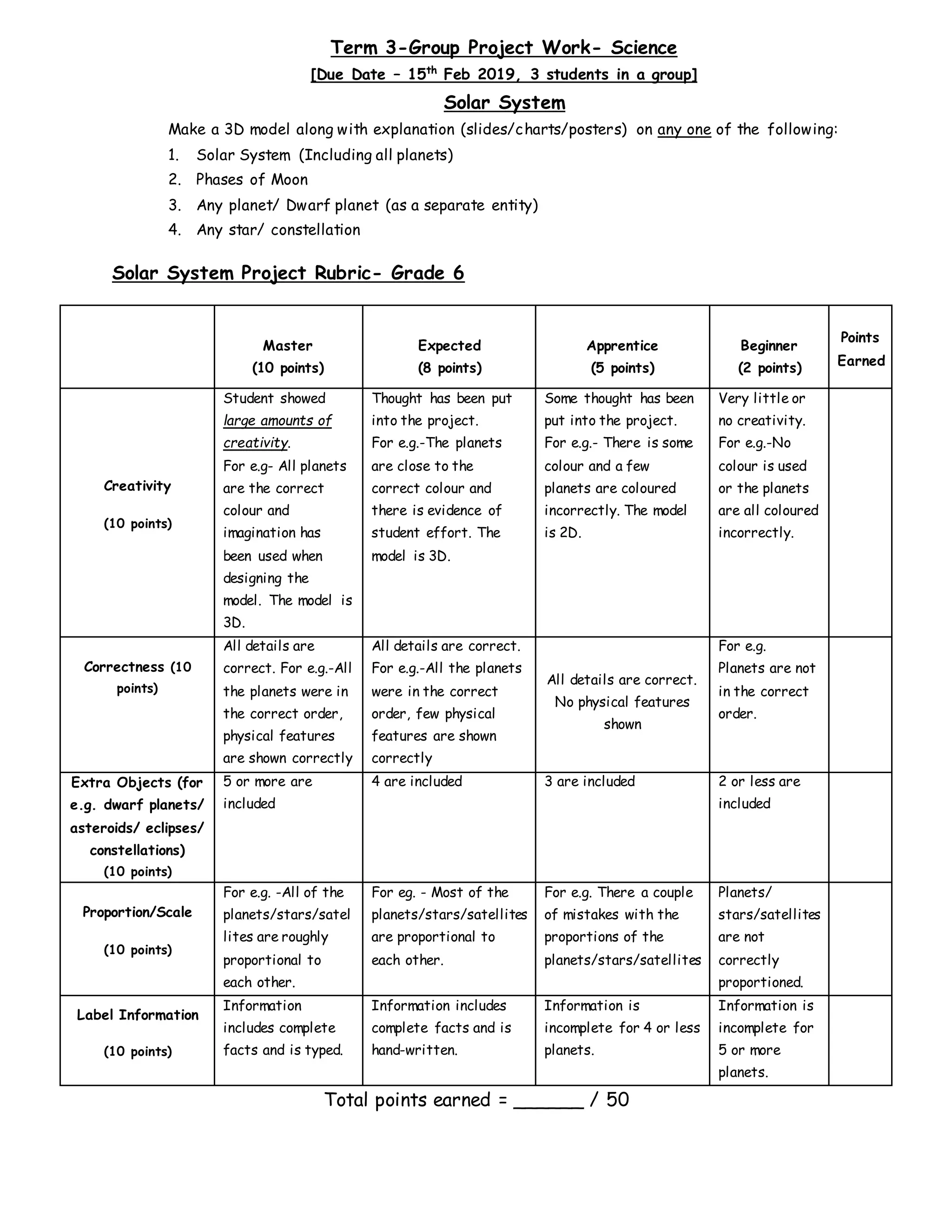 Solar system project rubric | DOCX | Space and Astronomy | Science