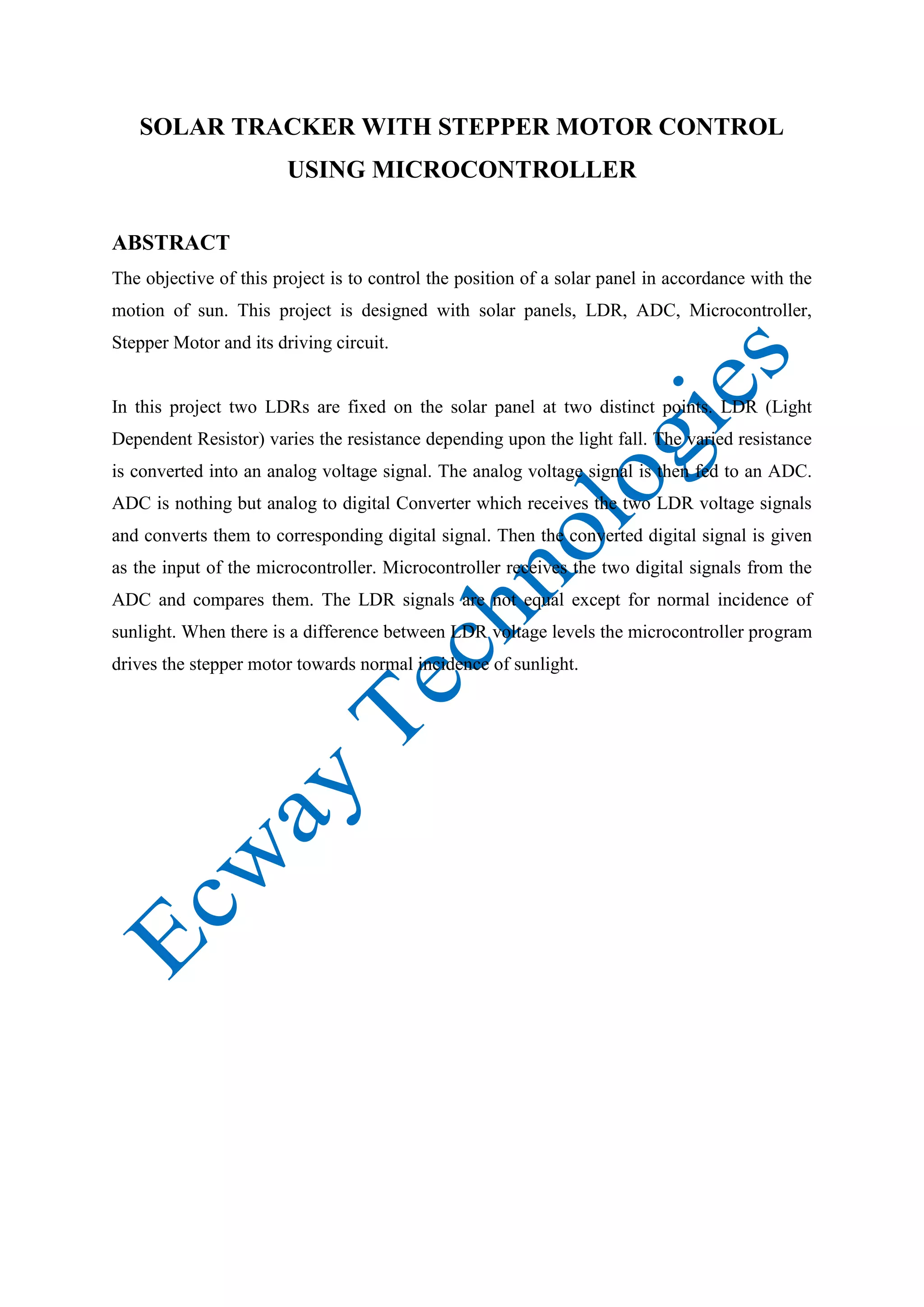 Solar tracker with stepper motor control using microcontroller | DOC