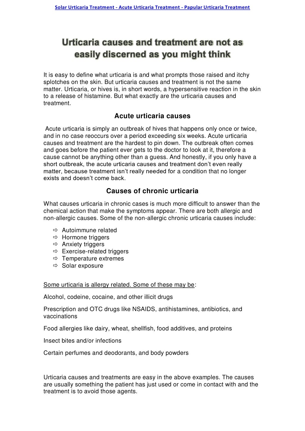 Solar Urticaria Treatment - Acute Urticaria Treatment - Papular ...