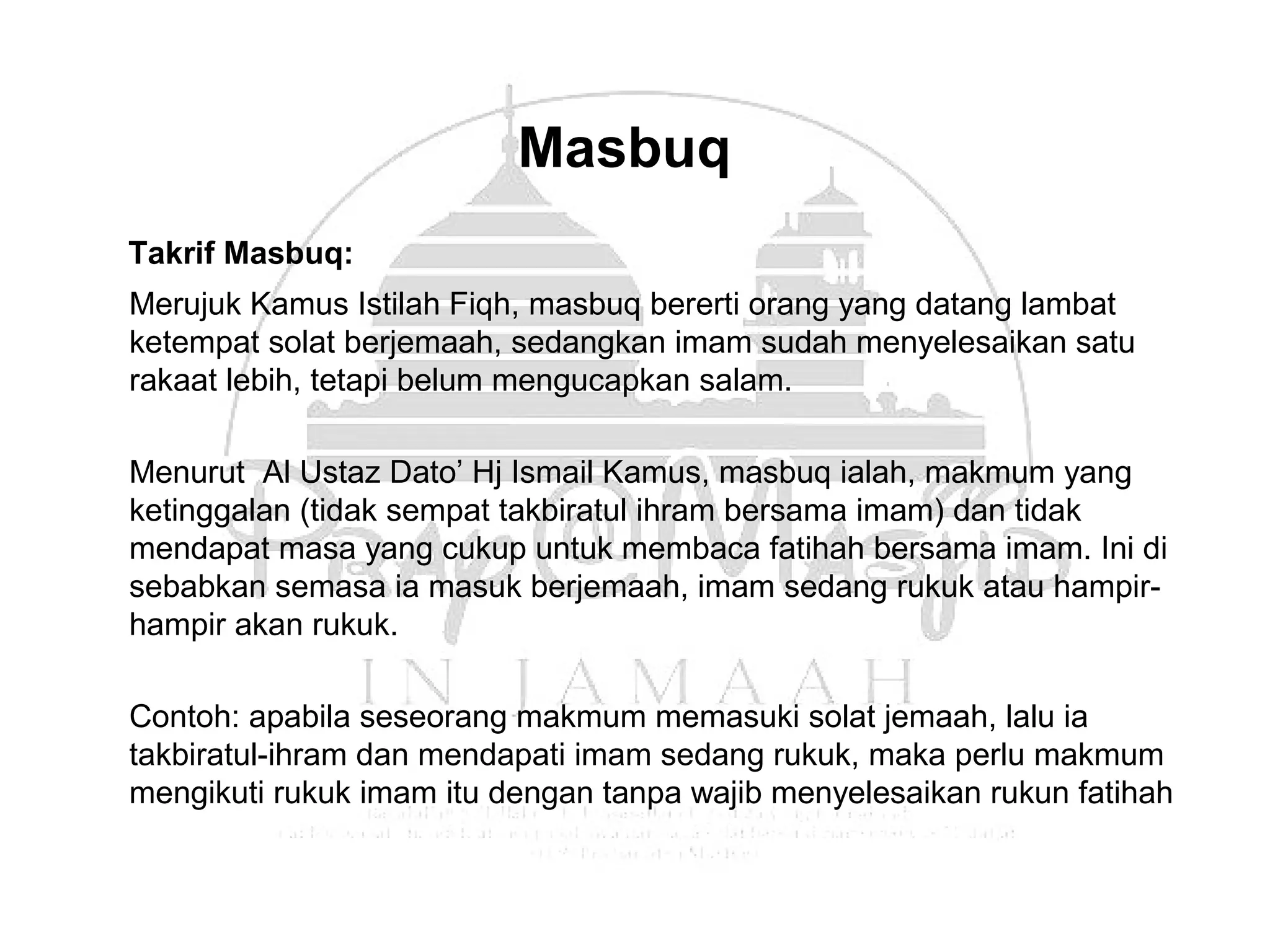 Solat berjemaah masbuq, muwafiq, istikhlaf & (1) | PPT