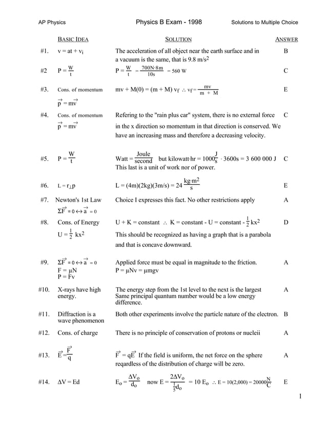 AP Physics B Test Exam Solutions | PDF