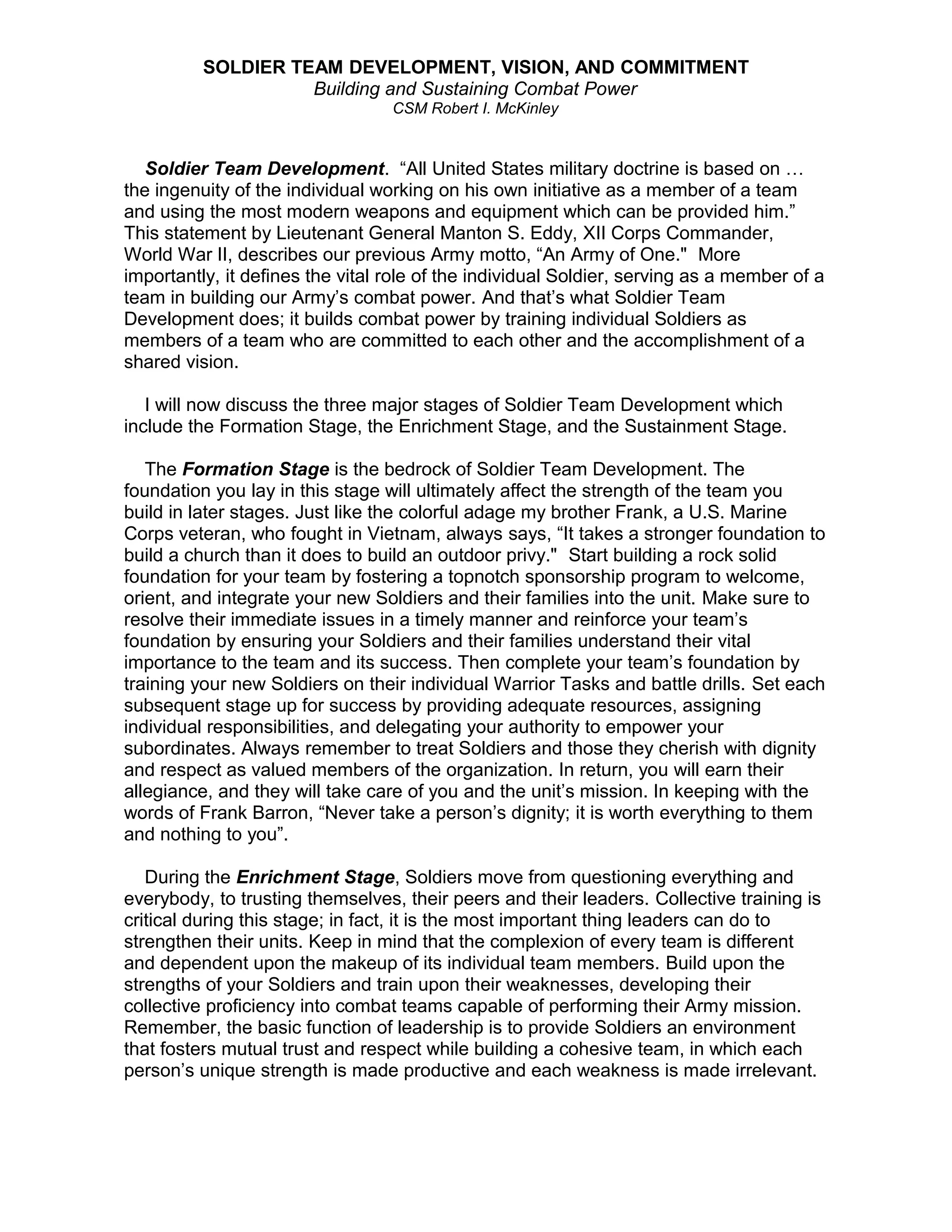 Soldier Team Development Vision and Commitment | PDF