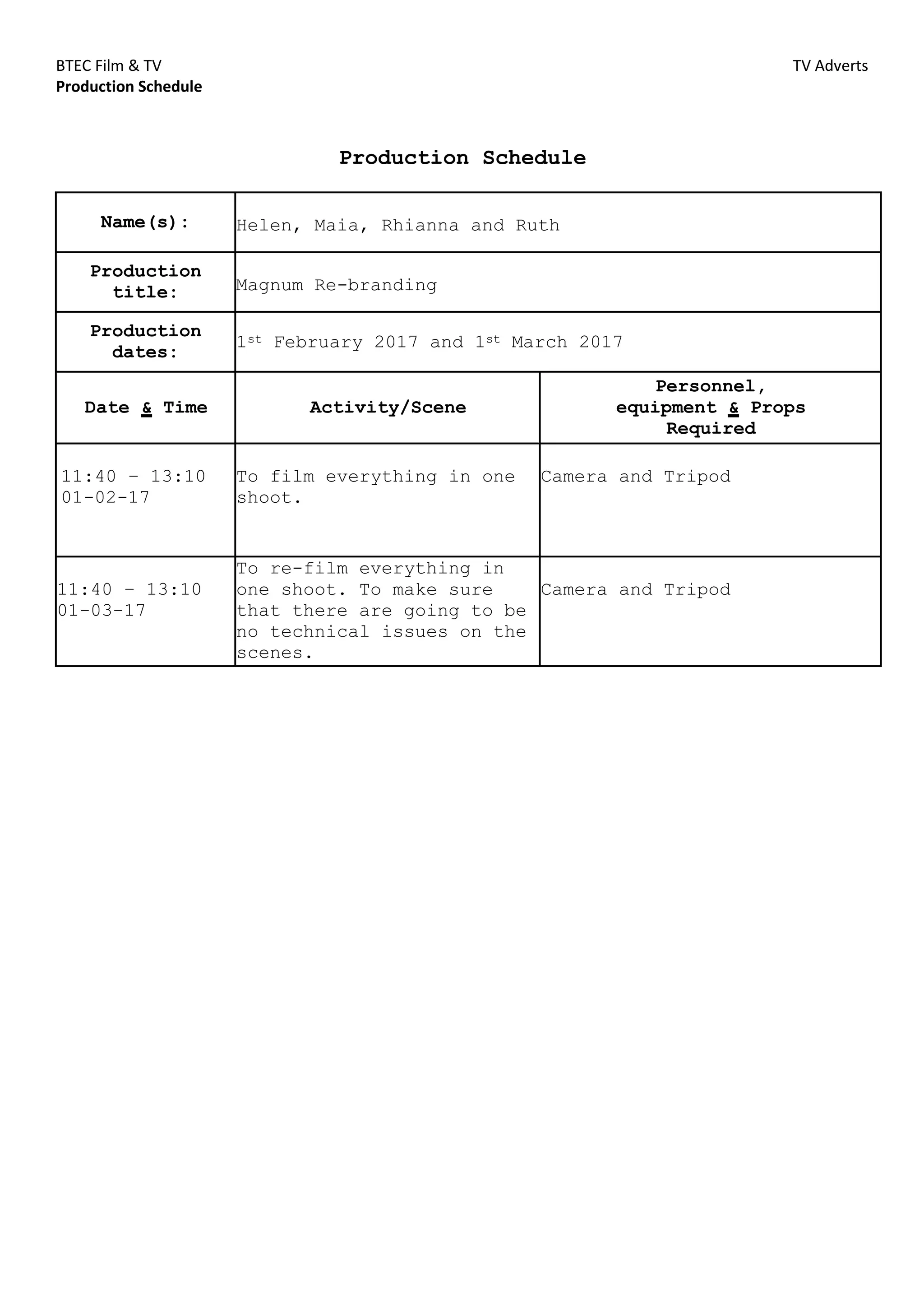 TV Advert: Pre-production Paperwork | PDF | Video Production | Content ...