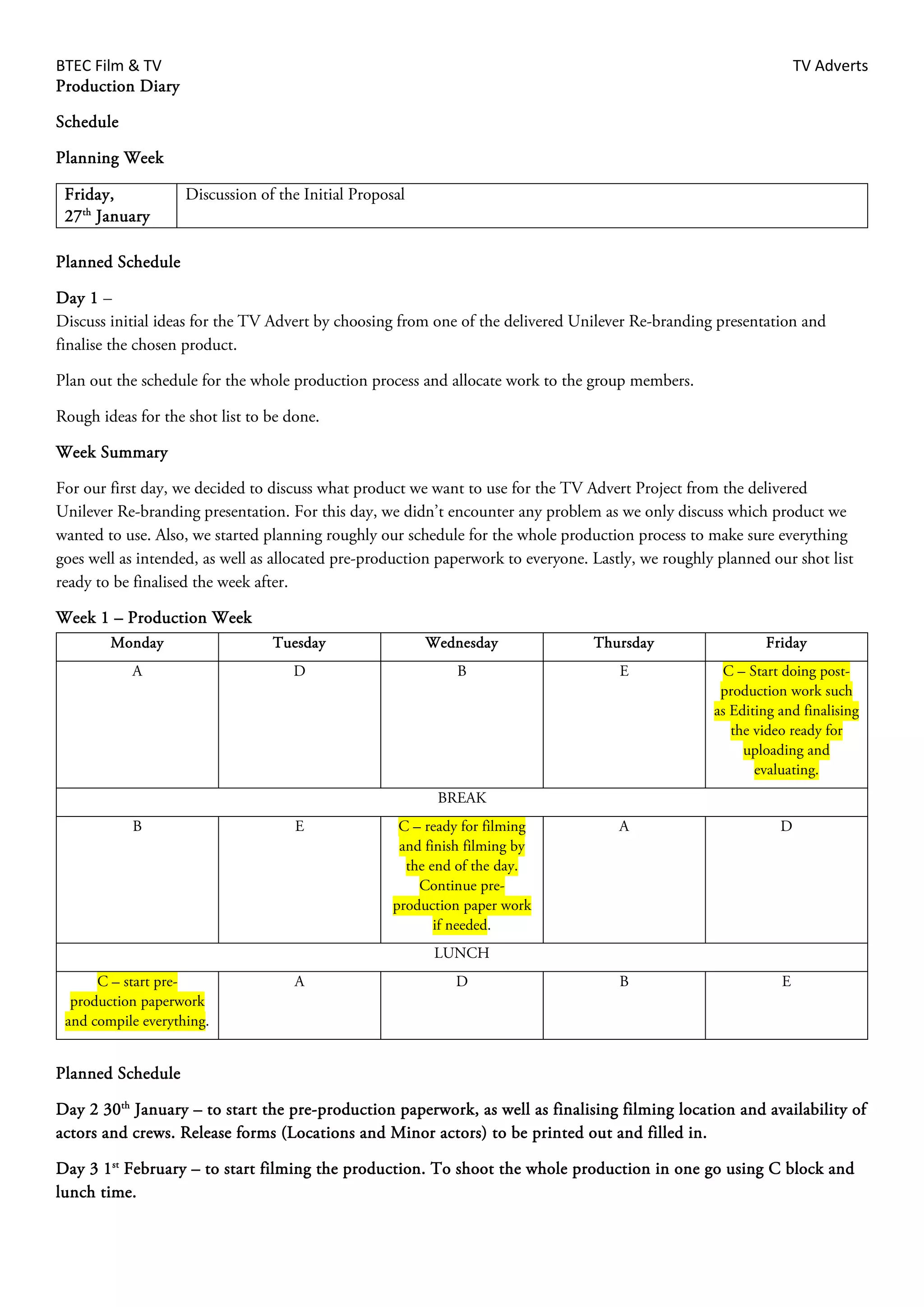 TV Advert: Pre-production Paperwork | PDF | Video Production | Content ...