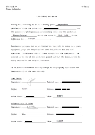 TV Advert: Pre-production Paperwork | PDF | Video Production | Content ...