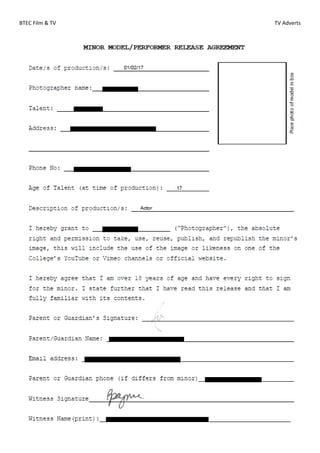 TV Advert: Pre-production Paperwork | PDF | Video Production | Content ...