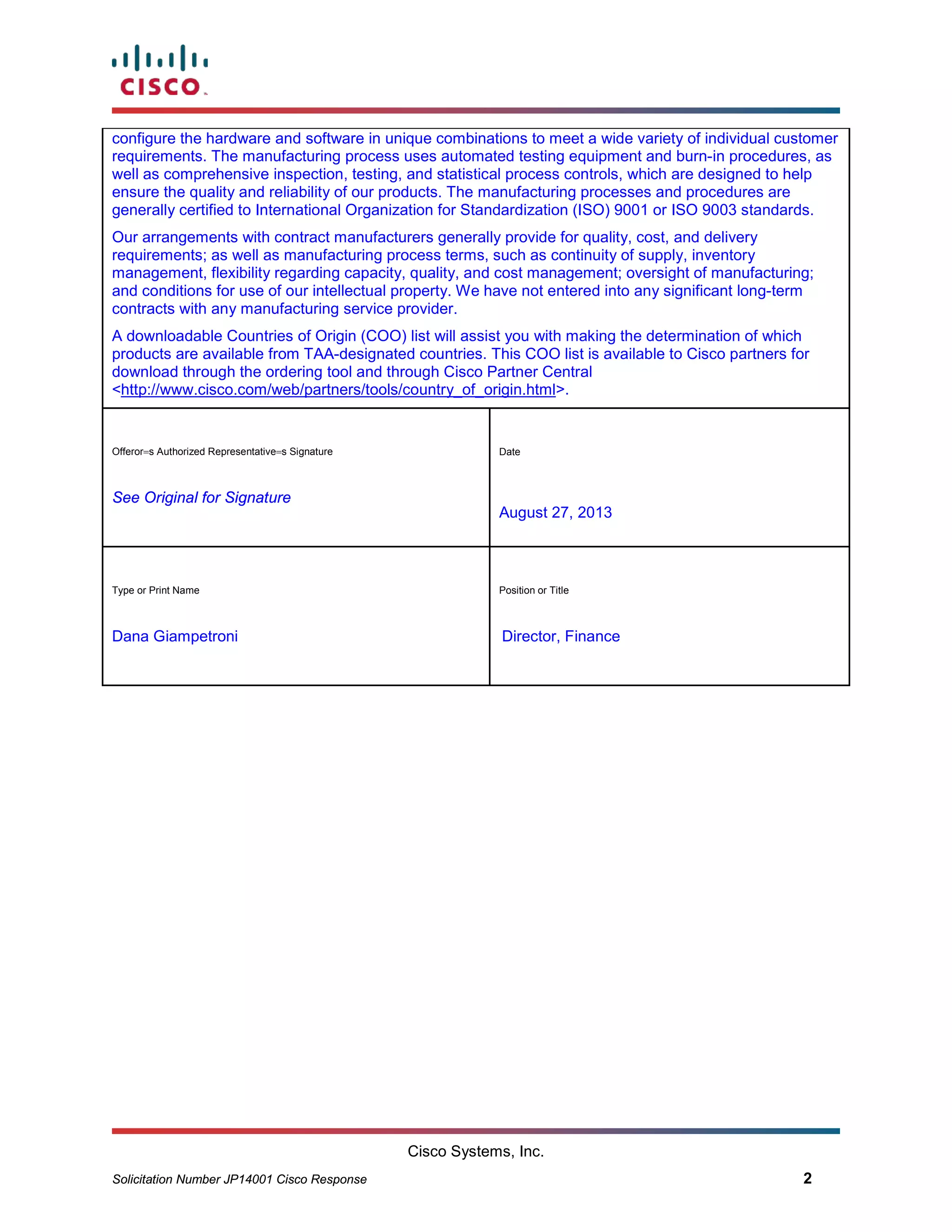 Solicitation number jp14001_cisco_response | PDF