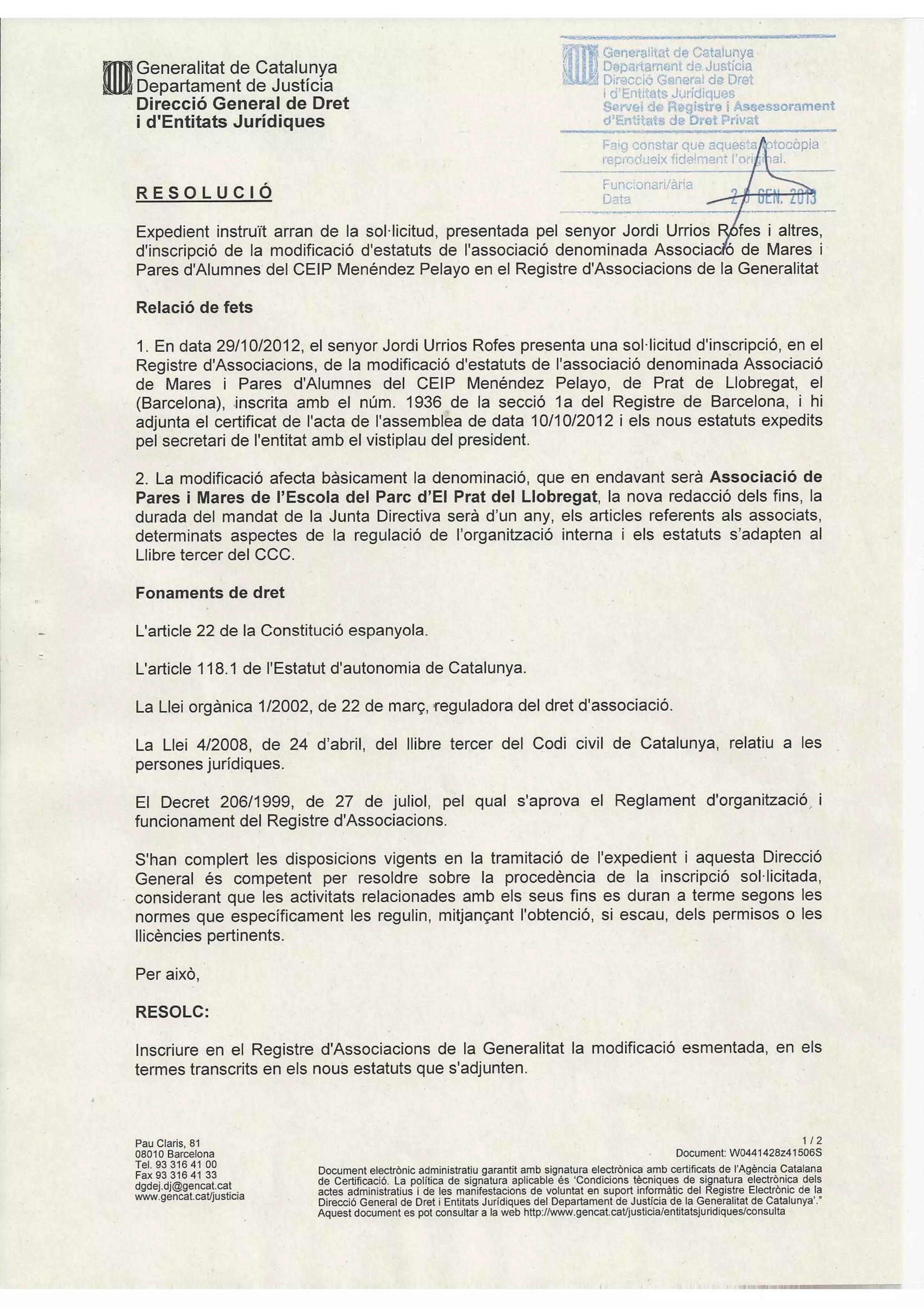 Solicitud/Resol·lució Modificacio Estatuts | PDF