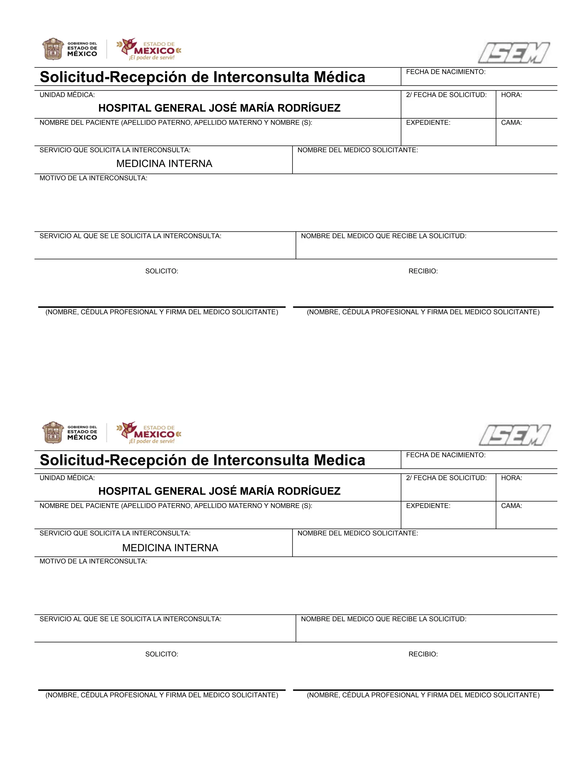 Solicitud de interconsulta de sistema de salud Instituto de Salud del ...