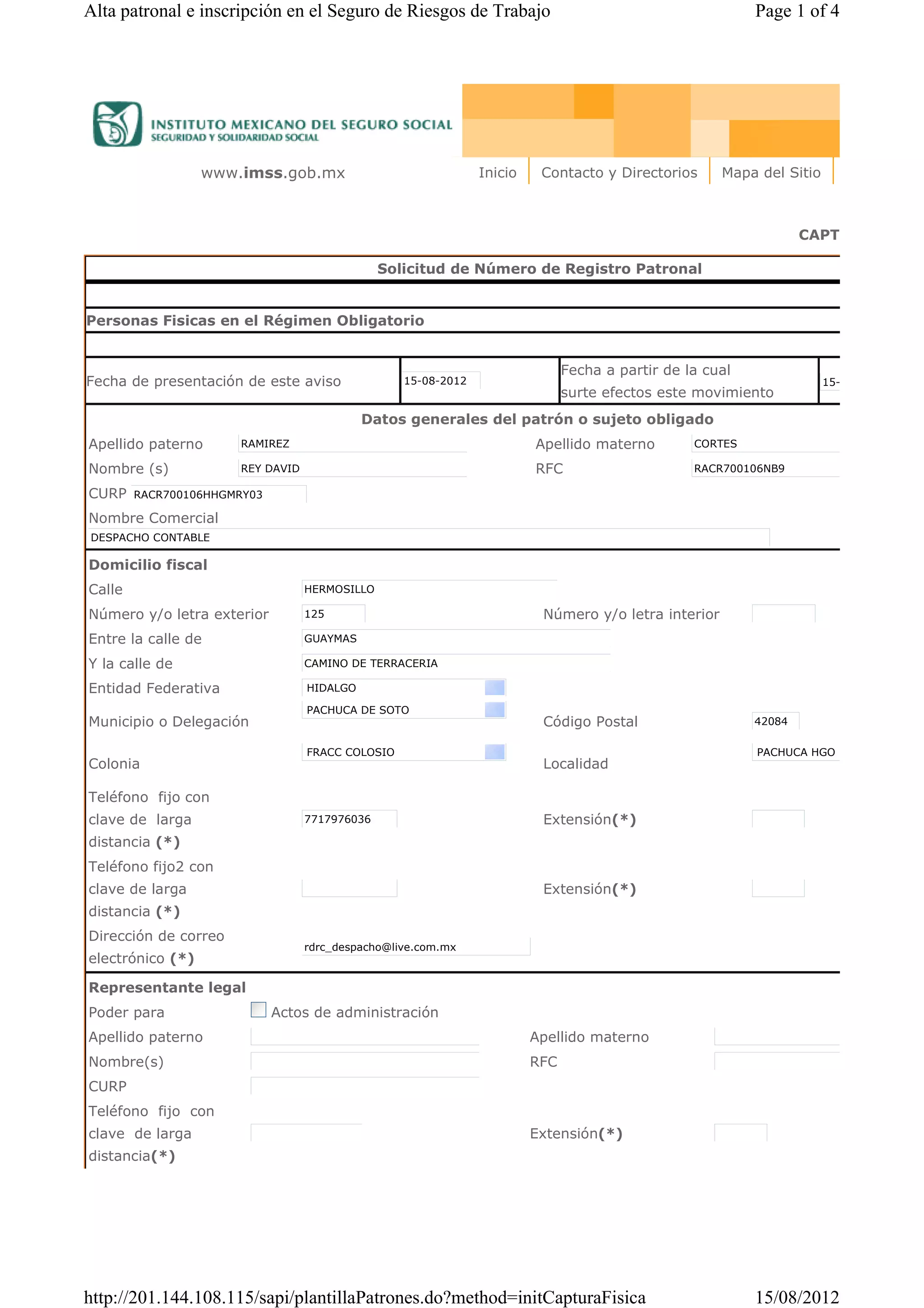 Solicitud para inscripcion en imss persona fisica | PDF