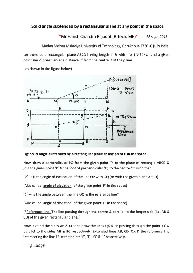 Solid angle subtended by a rectangular plane at any point in the space | PDF | Geography | Science