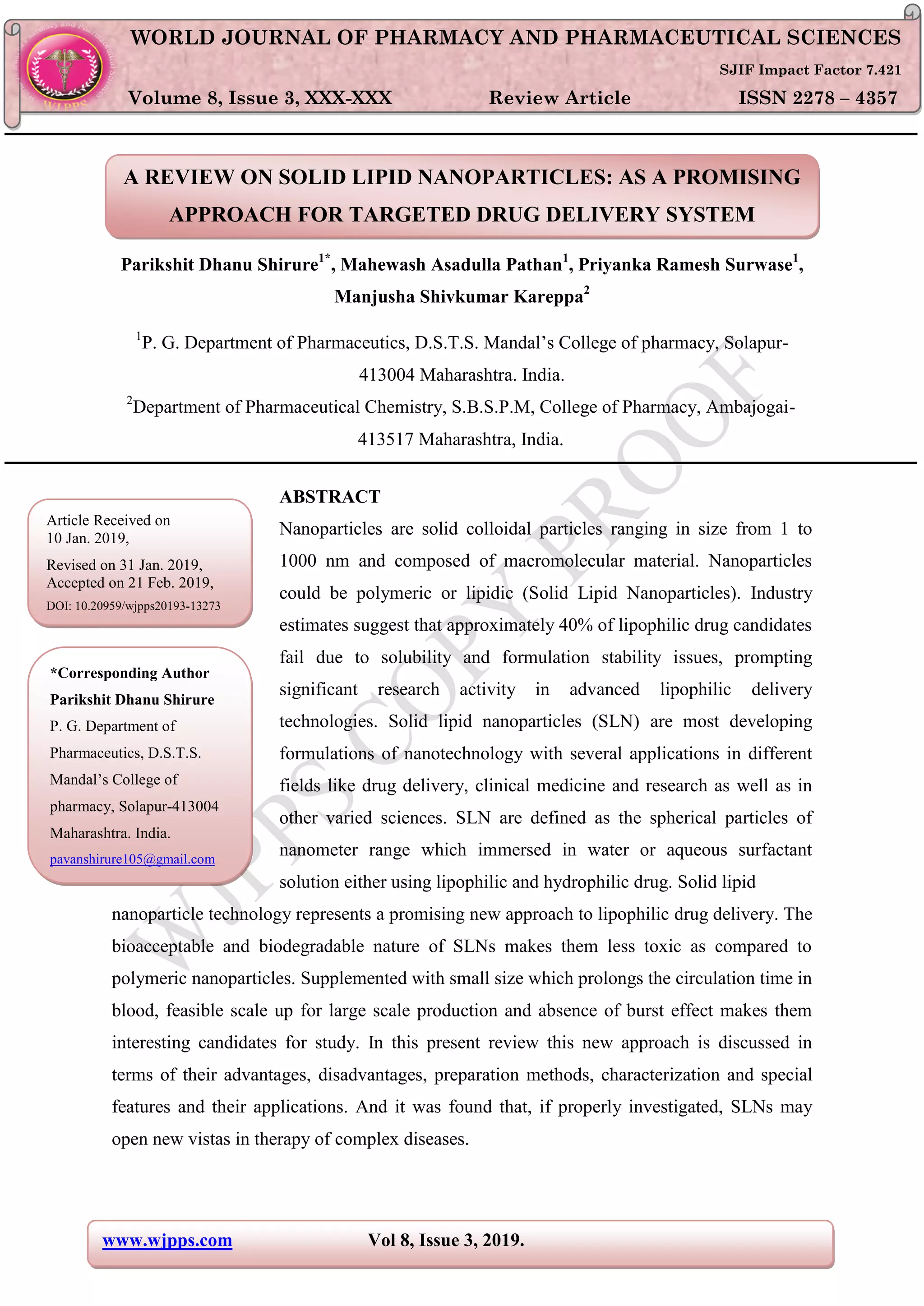Solid lipid nanoparticles review published | PDF