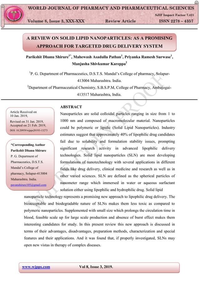 Targeted Drug Delivery via Solid Lipid Nanoparticles | PDF