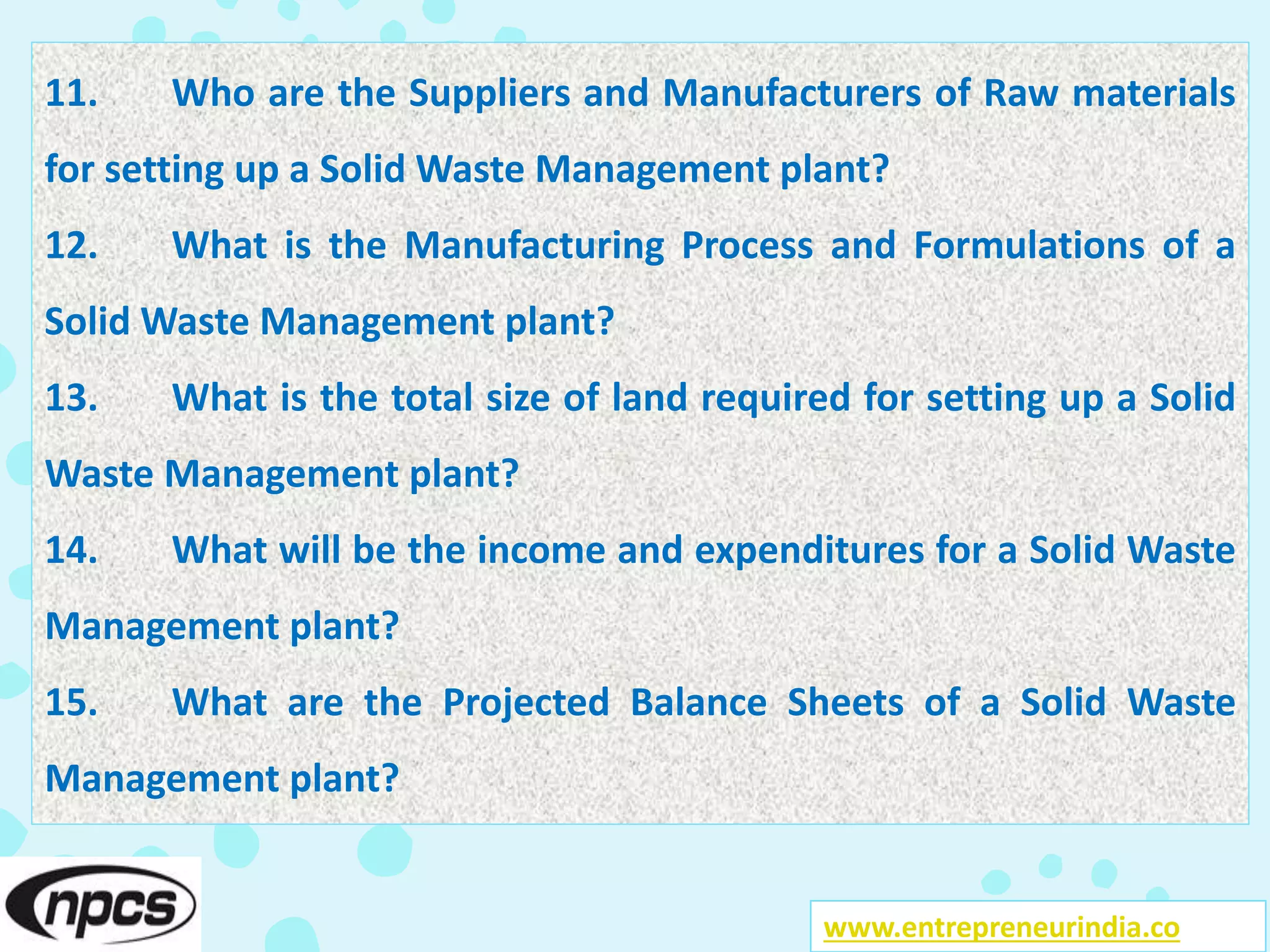 Solid Waste Management - Manufacturing Plant, Detailed Project Report ...