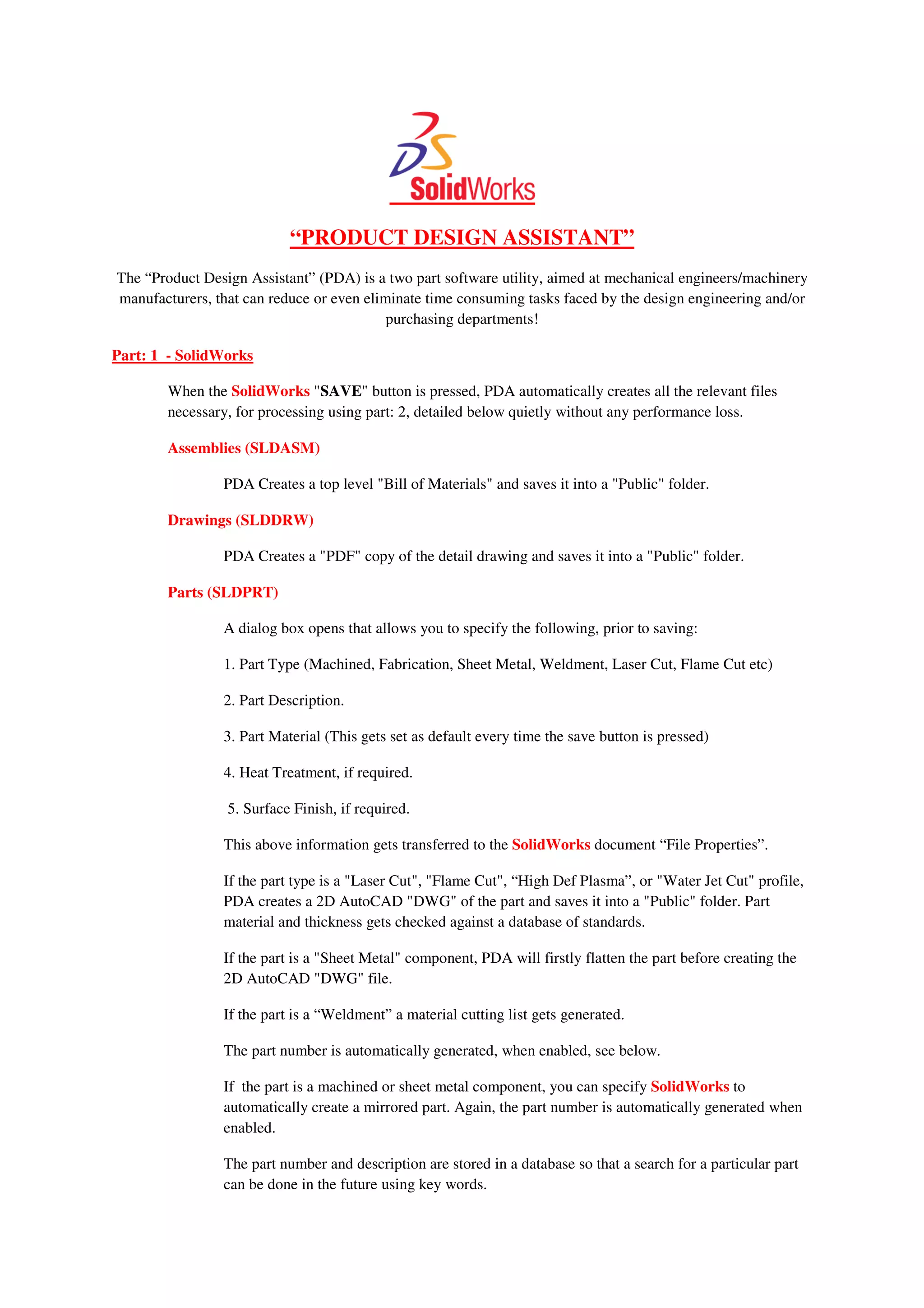 SolidWorks "PDA" (Product Design Assistant) An Addition to Vault | PDF
