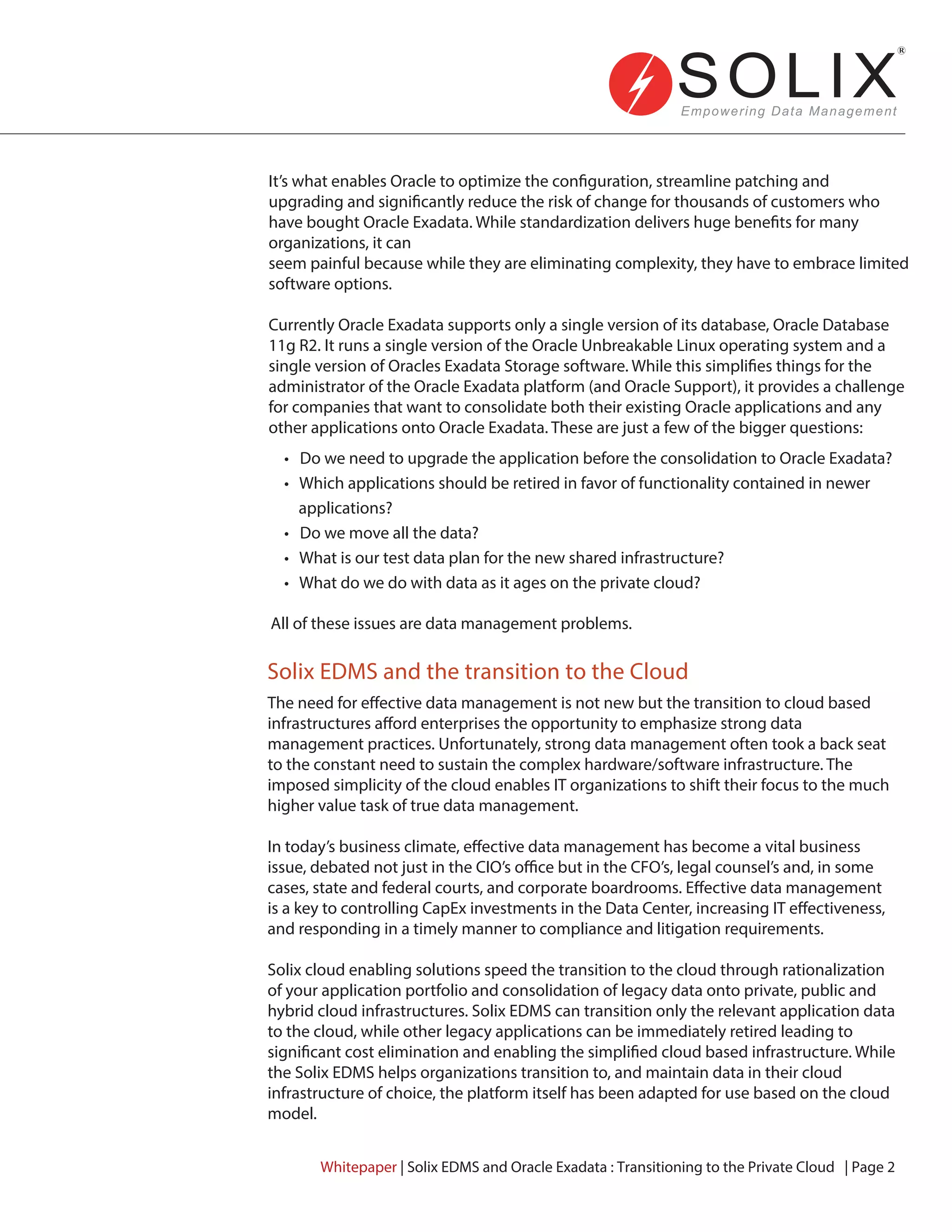 Solix EDMS and Oracle Exadata: Transitioning to the Private Cloud | PDF