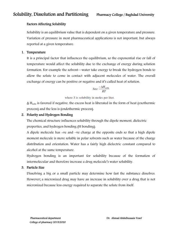 Solubility,dissolution and partitioning 11th April 2020 | PDF | Chemistry | Science