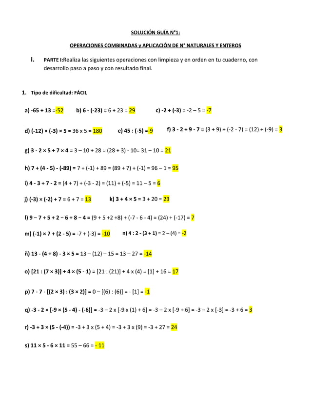 Solución guía n°1 operaciones combinadas | PDF