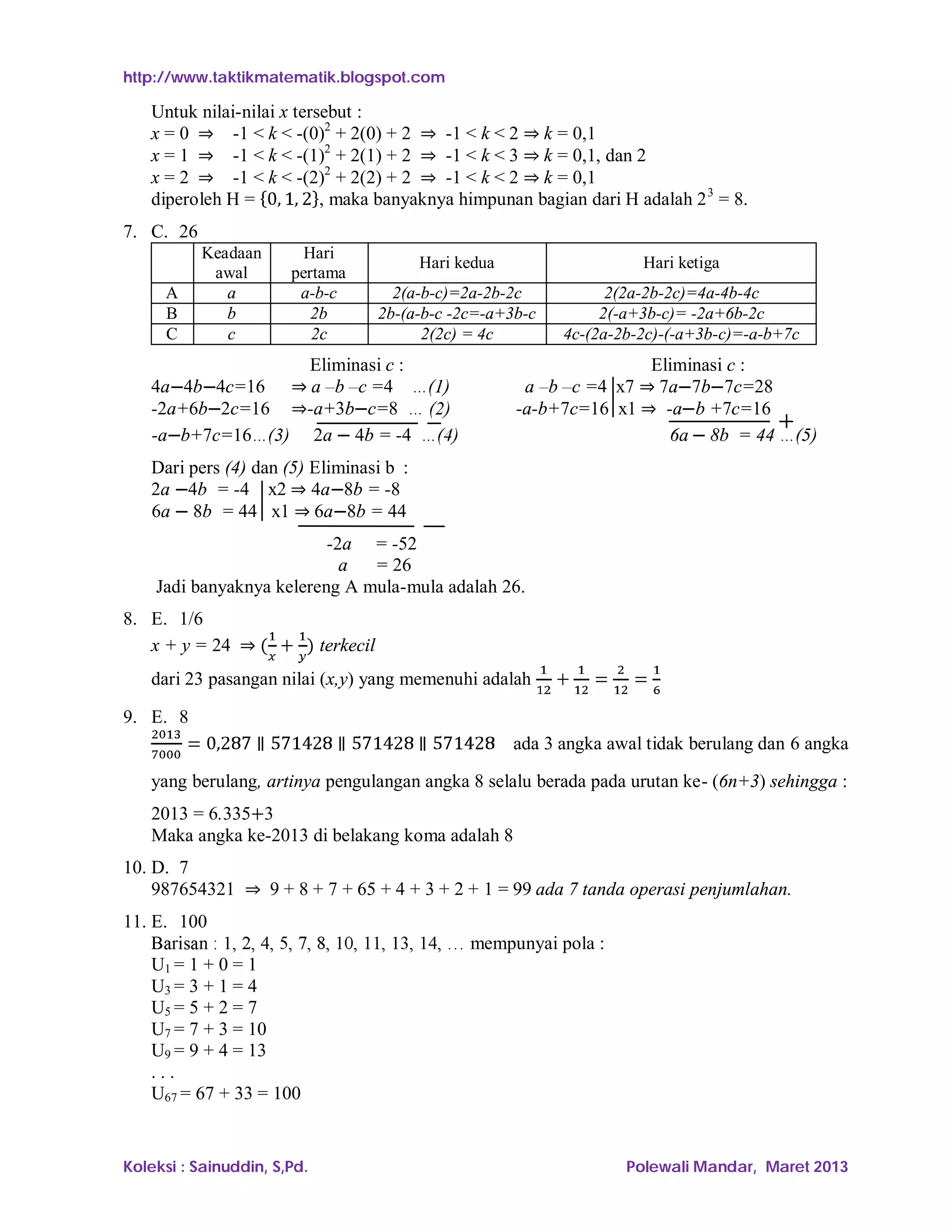 Solusi osn matematika smp 2013 kabupaten pg2 | PDF