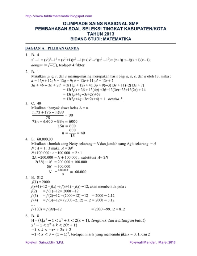 Solusi osn matematika smp 2013 kabupaten pg2 (1) | PDF