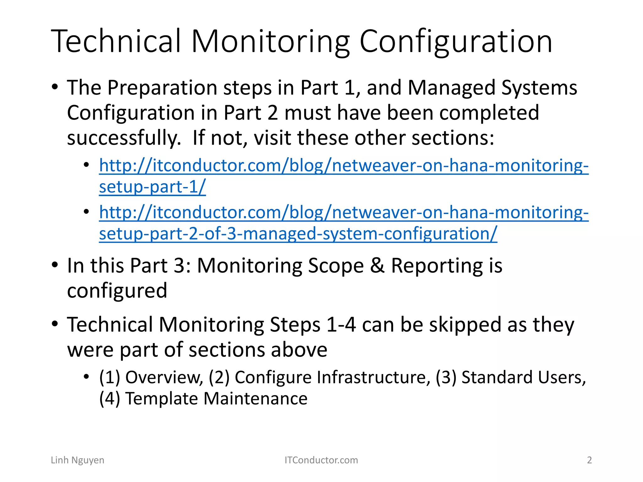 Solution Manager - SAP NW BW on HANA Setup Part 3 of 3 (Technical Monitoring Configuration) | PPTX