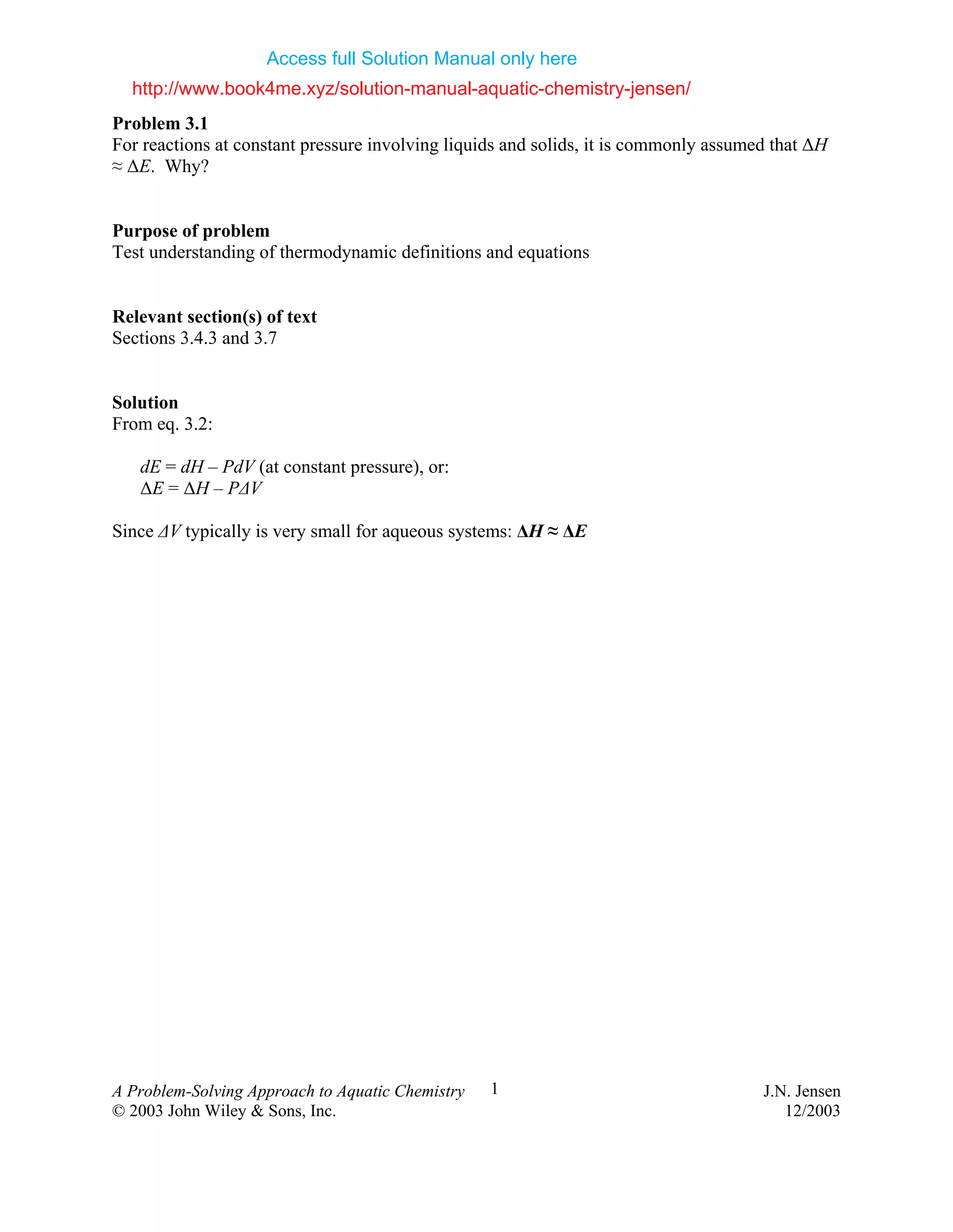 Solution Manual for A Problem-Solving Approach to Aquatic Chemistry ...