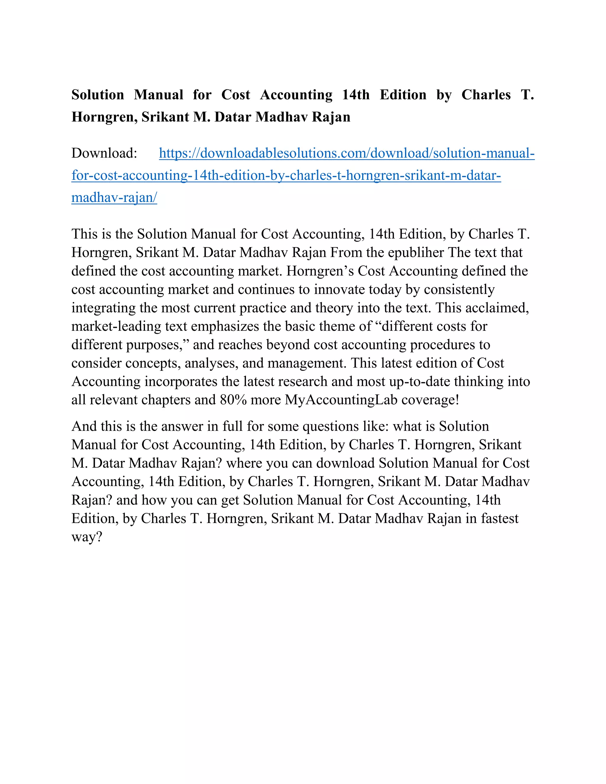 Solution Manual for Cost Accounting 14th Edition by Charles T. Horngren ...
