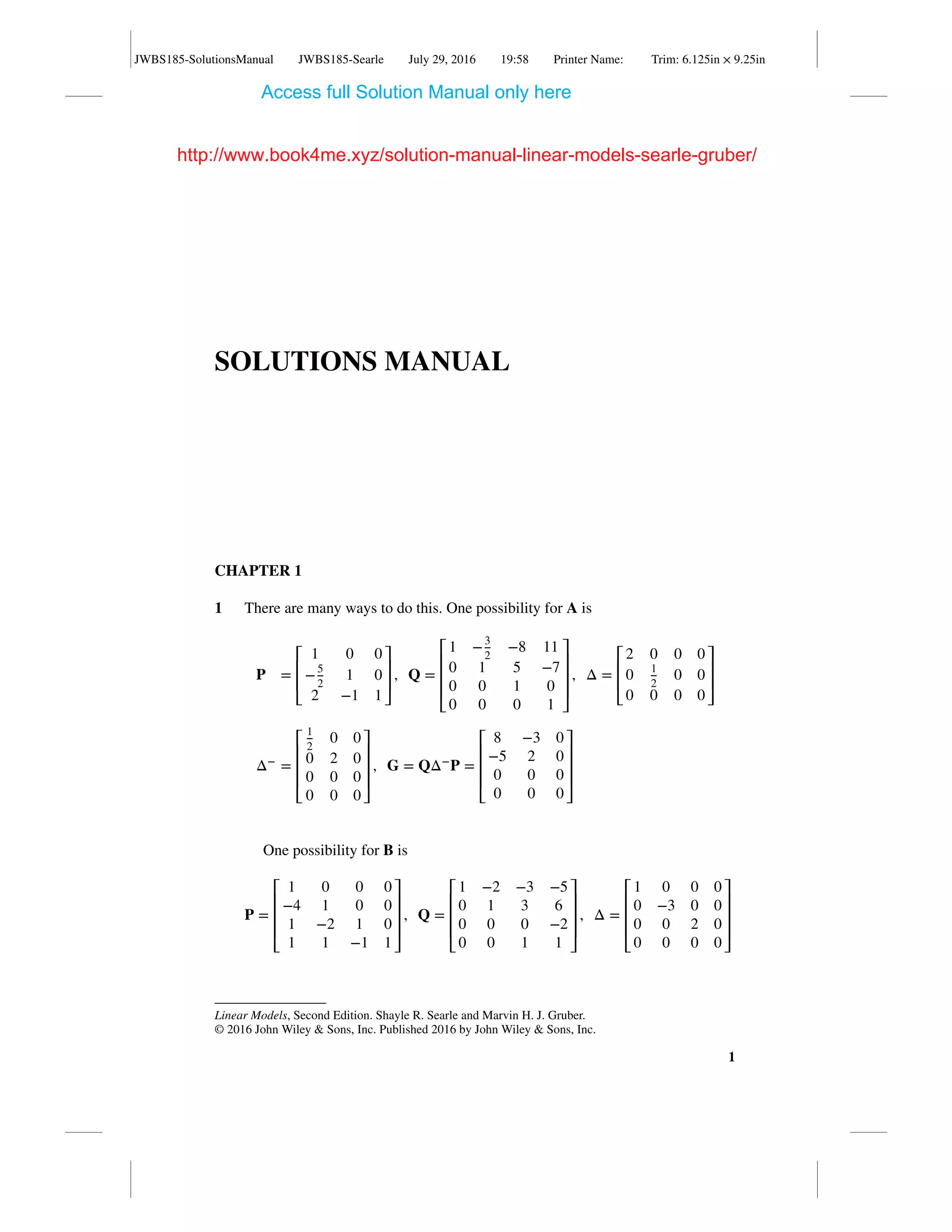 Solution Manual for Linear Models – Shayle Searle, Marvin Gruber | PDF