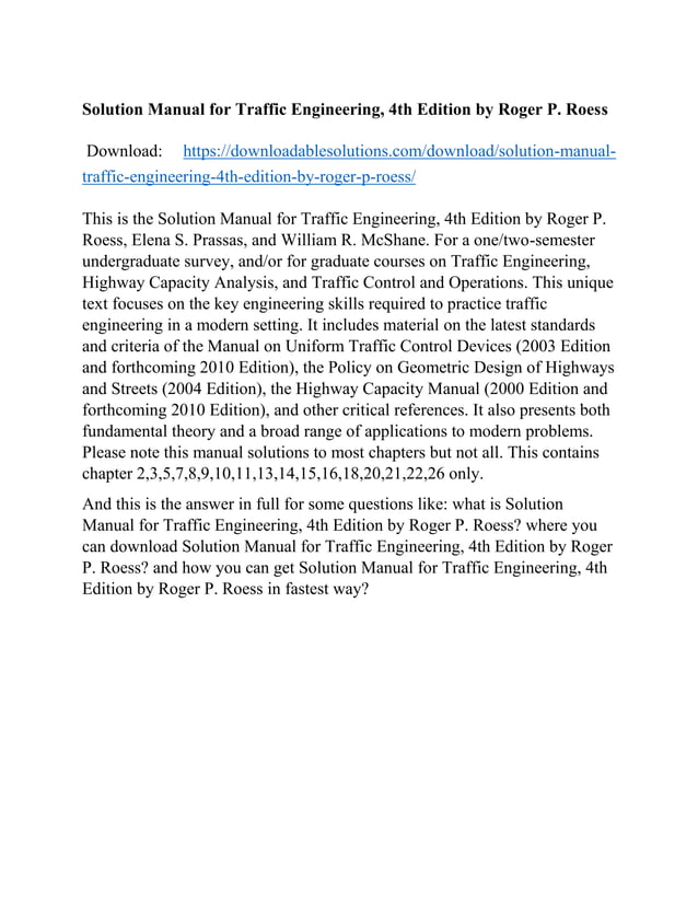 Solution Manual for Traffic Engineering, 4th Edition by Roger P. Roess ...