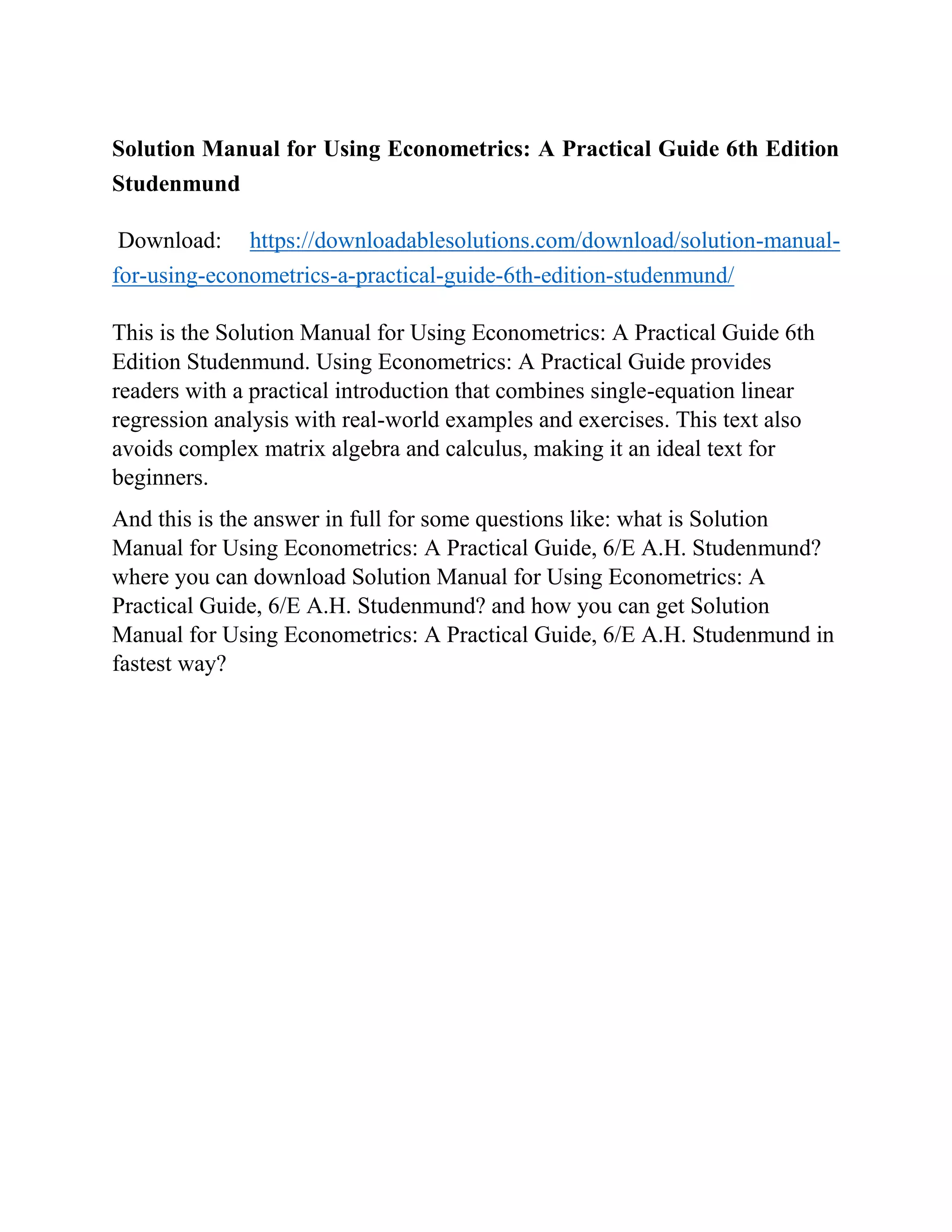 Solution Manual For Using Econometrics A Practical Guide 6th Edition