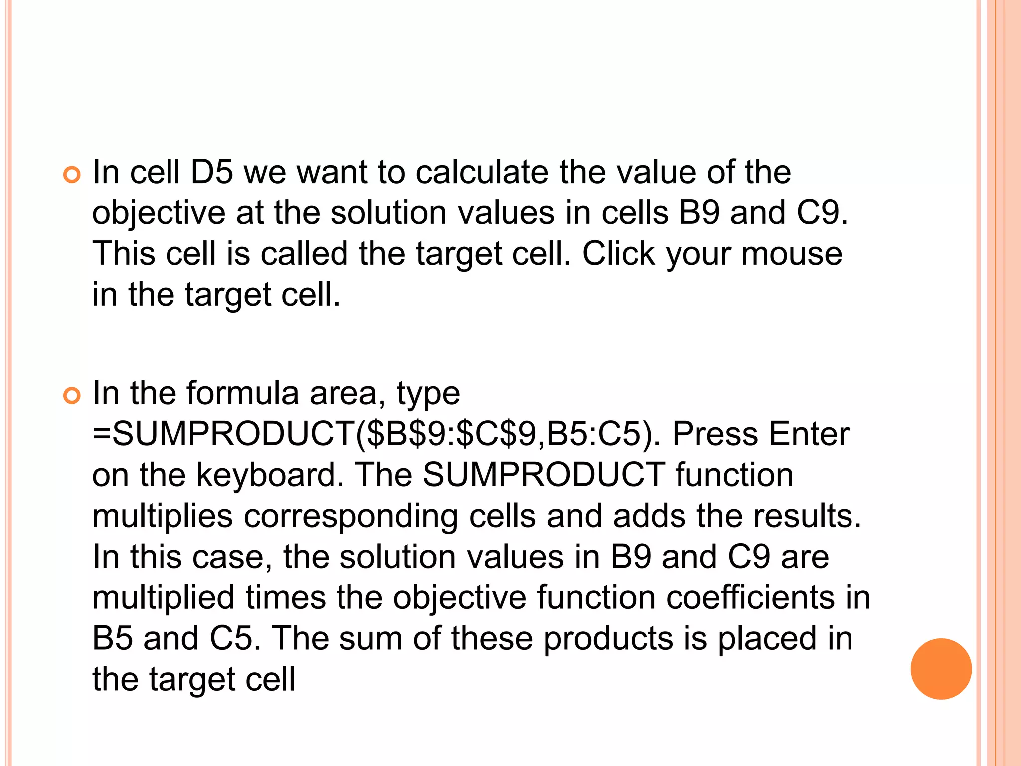 Solution of a simplex problem using excel | PPTX