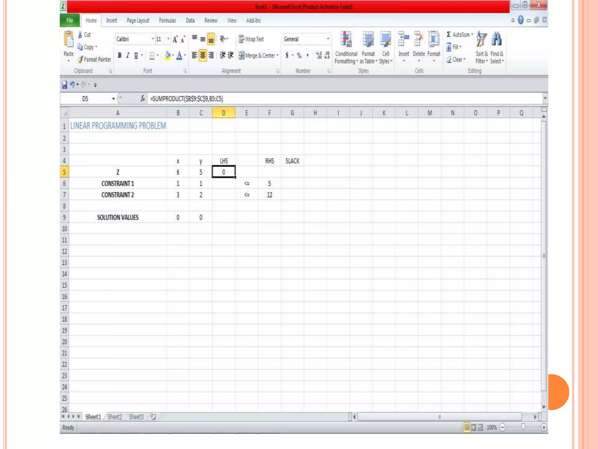 Solution of a simplex problem using excel | PPTX