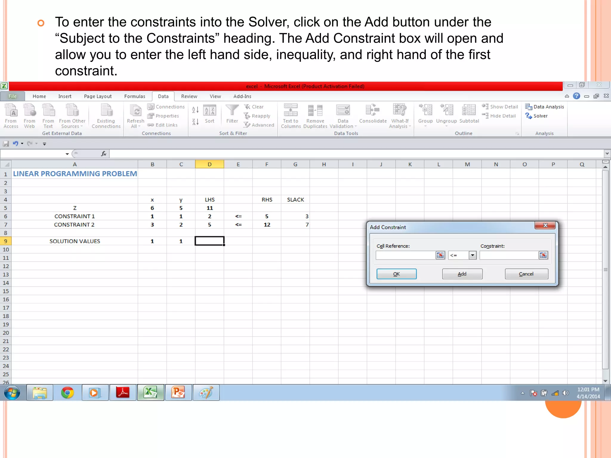 Solution of a simplex problem using excel | PPTX
