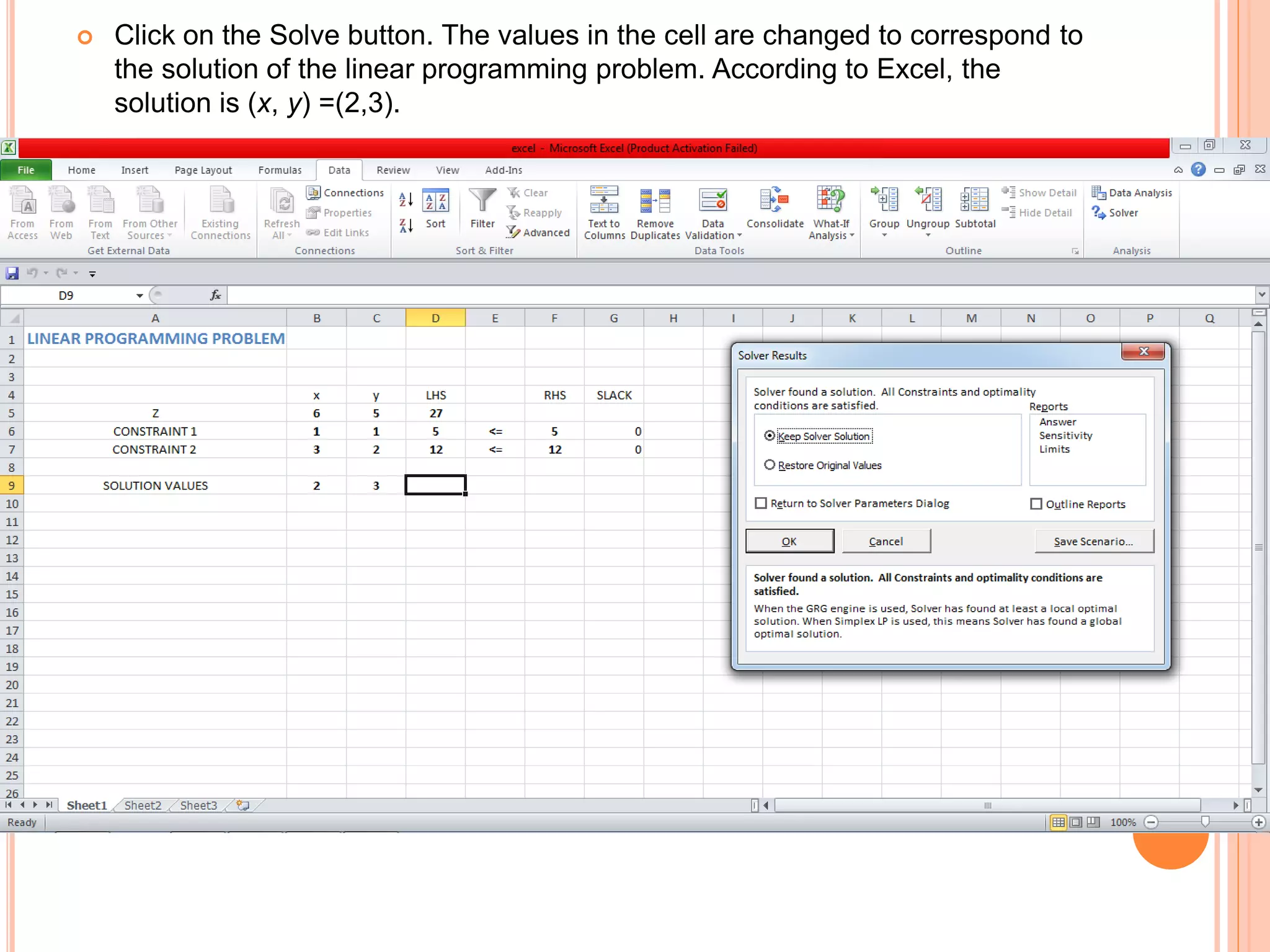 Solution of a simplex problem using excel | PPTX