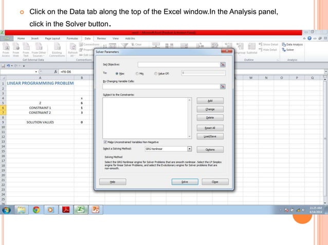 Solution of a simplex problem using excel | PPTX