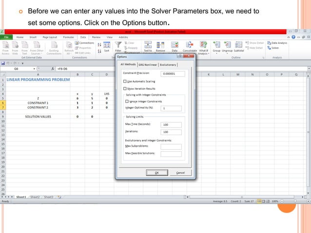 Solution of a simplex problem using excel | PPTX