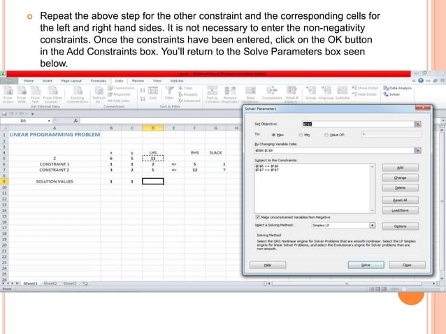 Solution of a simplex problem using excel | PPTX