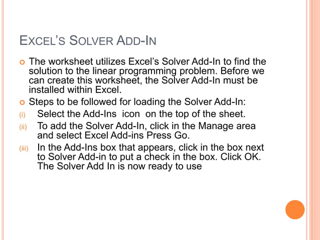 Solution of a simplex problem using excel | PPTX