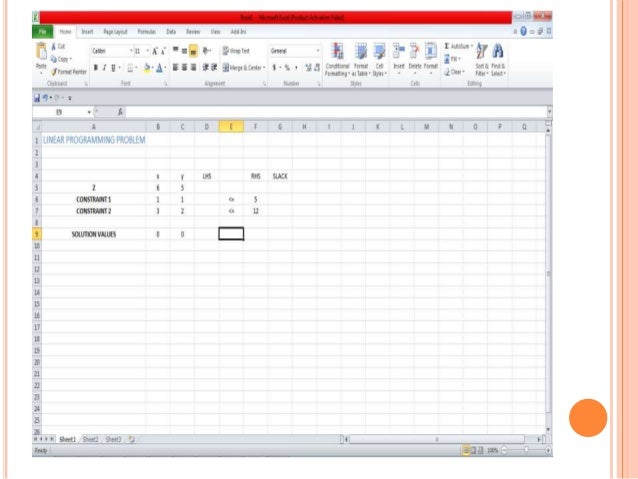Solution of a simplex problem using excel