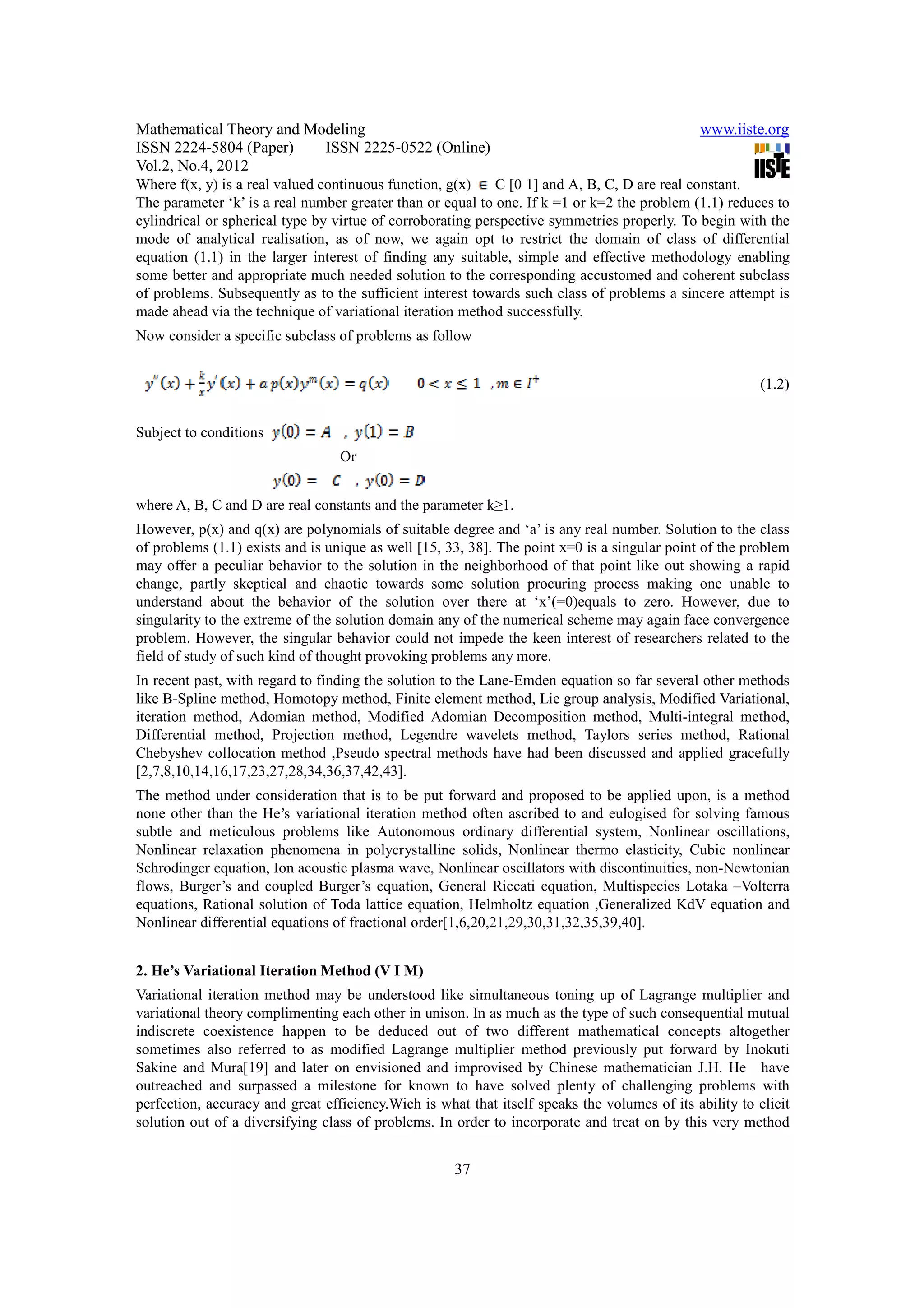 Solution of a subclass of lane emden differential equation by variational iteration method | PDF