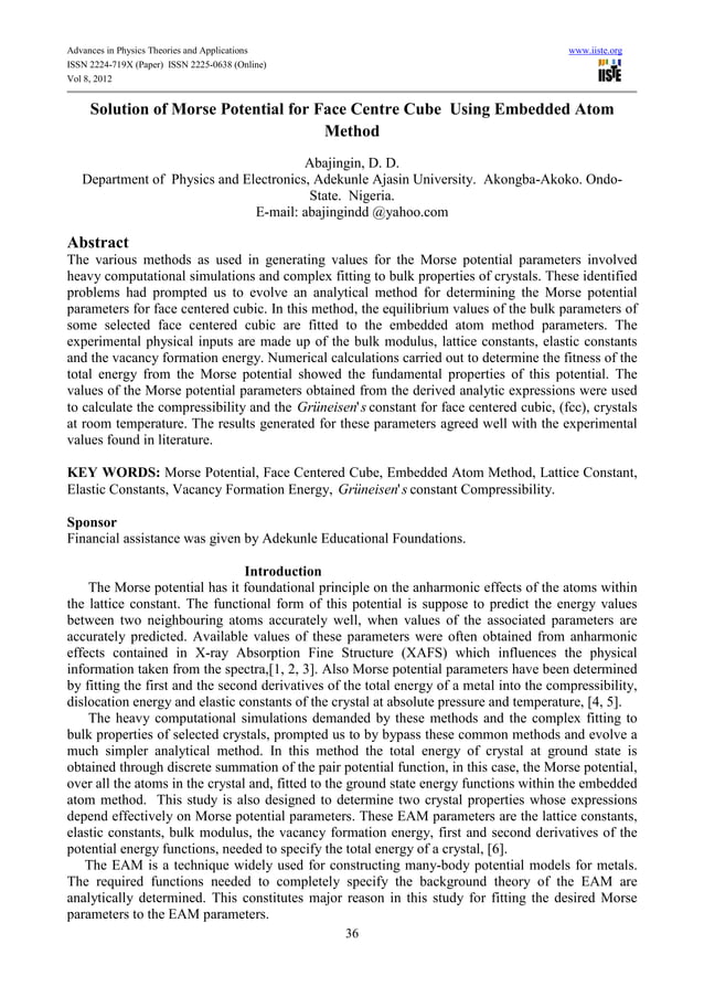 Solution of morse potential for face centre cube using embedded atom ...