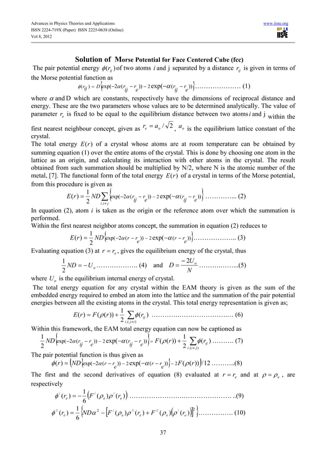 Solution Of Morse Potential For Face Centre Cube Using Embedded Atom Method Pdf Chemistry