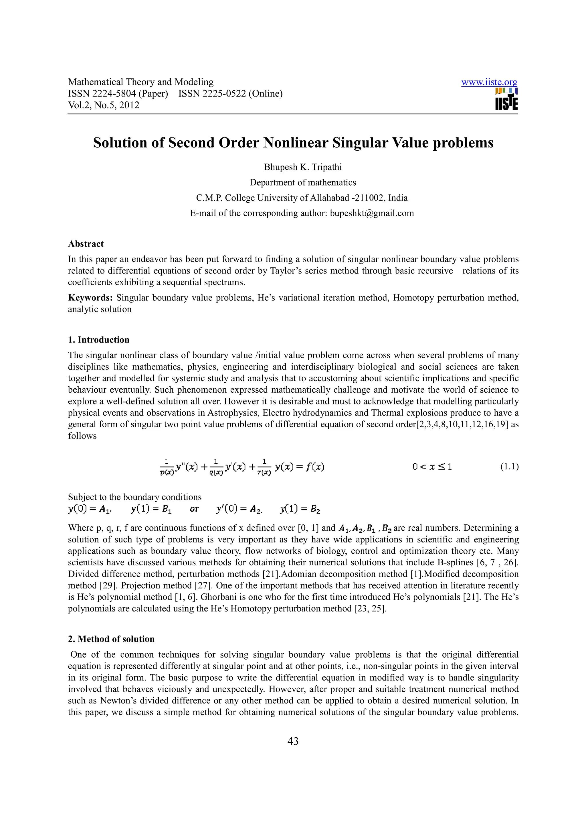 Solution of second order nonlinear singular value problems | PDF