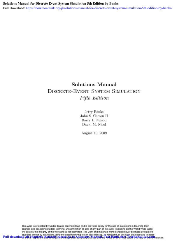 Solutions Manual for Discrete Event System Simulation 5th Edition by Banks | PDF | Homework and ...