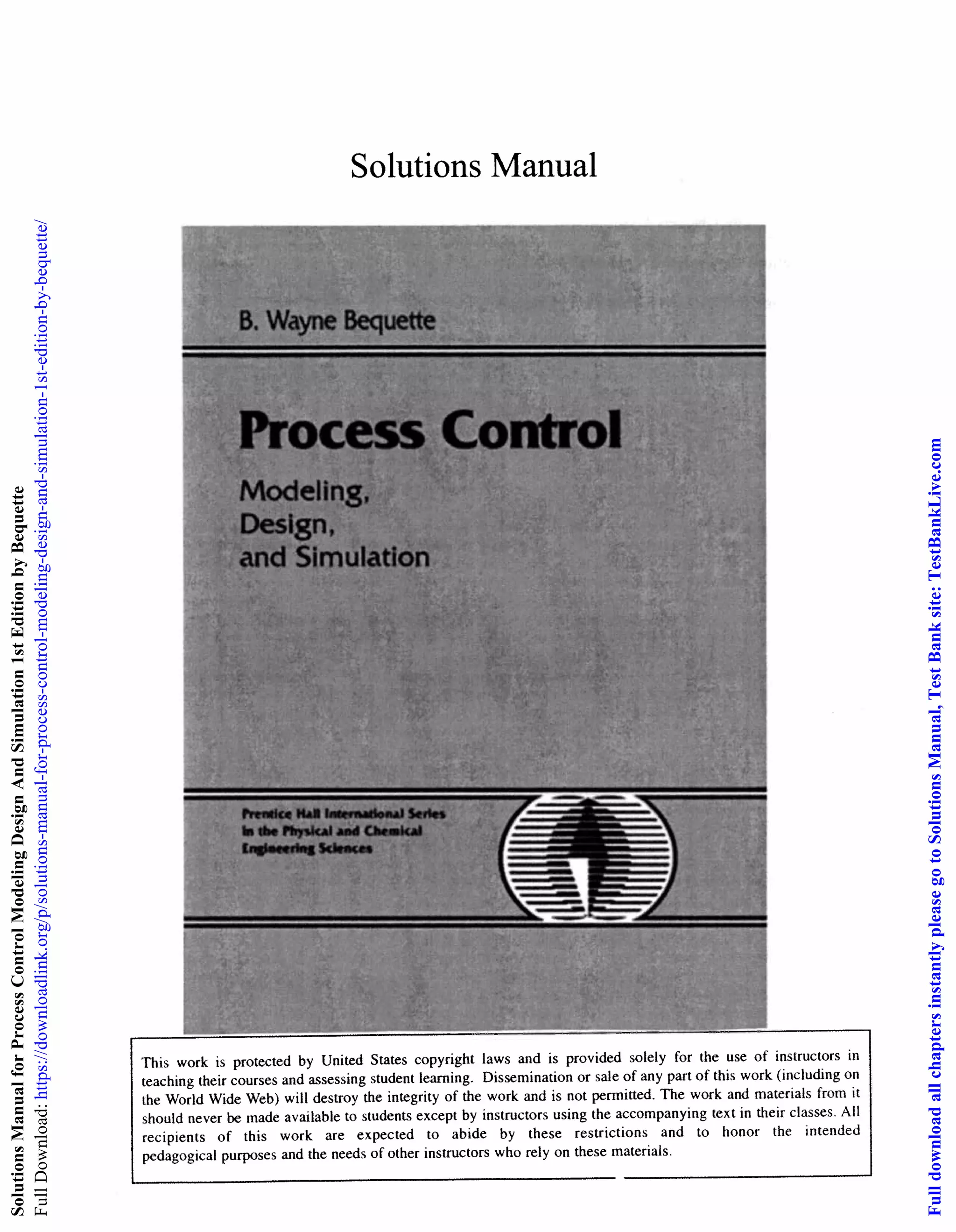 Solutions Manual for Process Control Modeling Design And Simulation 1st Edition by Bequette | PDF