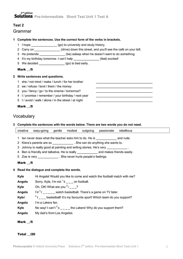 Solutions2e short tests un01_a | PDF